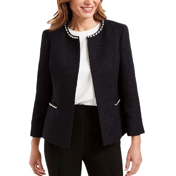 Kasper | Jackets & Coats | Kasper Jewel Neck Tweed Jacket With Neckline ...